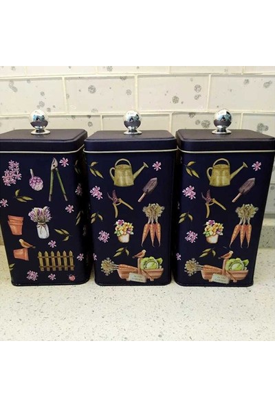 MasterHome Özel Kabartma Desenli Siyah 3’lü Metal Kare Kavanoz