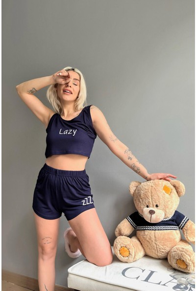 Pijama Evi Lacivert Lazy Baskılı Crop Örme Ip Askı Şortlu Pijama Takımı