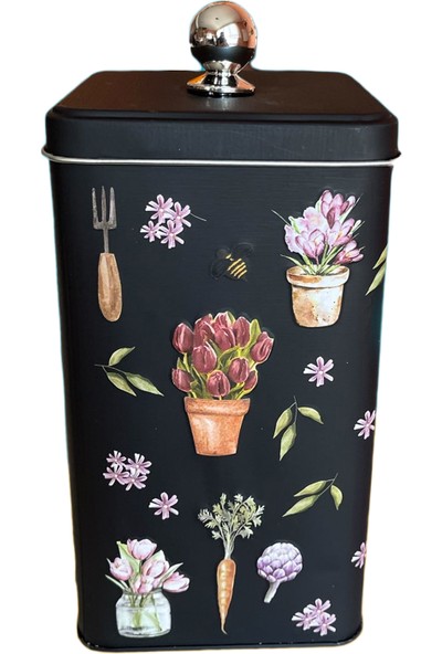 MasterHome Özel Kabartma Desenli Siyah Tekli Metal Kare Kavanoz