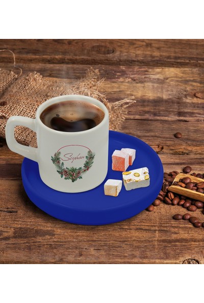 Kişiye Özel Mavi Sunum Tabaklı Çiçek Tasarımlı Türk Kahvesi Fincanı Model 7