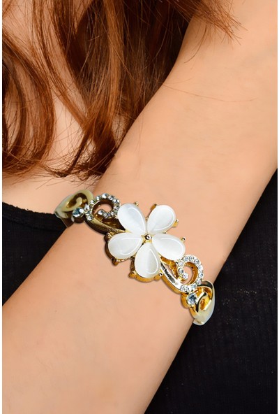 Kadın Bileklik Papatya Desenli Sedef ve Zirkon Taşlı Kelepçe Bileklik