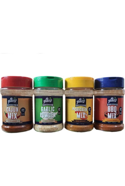 Fit Grains 4’lü Tuzsuz Baharat Seti - Tavuk, Barbekü, Kajun ve Sarımsak Baharatı 100GX4 Adet Fit Grains 4’lü Tuzsuz Baharat Seti - Tavuk, Barbekü, Kajun ve Sarımsak Baharatı 100GX4 Adet