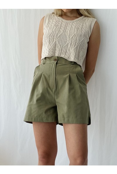 Retrobird Tasarım Haki Renkli Petite Kadın Şort