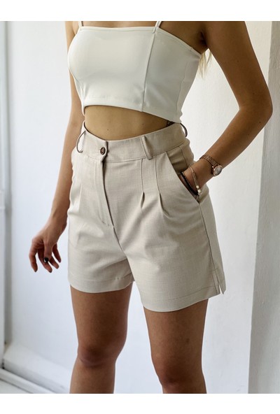 Retrobird Tasarım Bej Renkli Petite Kadın Şort