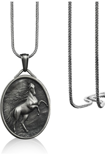 Bysilverstone Şaha Kalkmış At Madalyon Gümüş Kolye