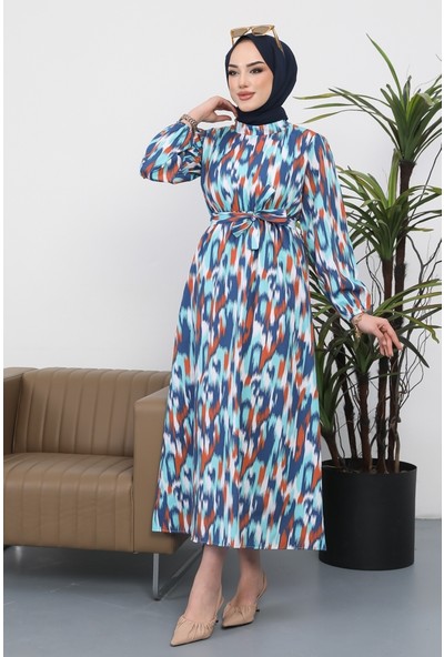 İlkimay Hakim Yaka Beli Lastikli Silya Kuşaklı Tesettür Elbise 229 - Indigo İlkimay Hakim Yaka Beli Lastikli Silya Kuşaklı Tesettür Elbise 229 - Indigo