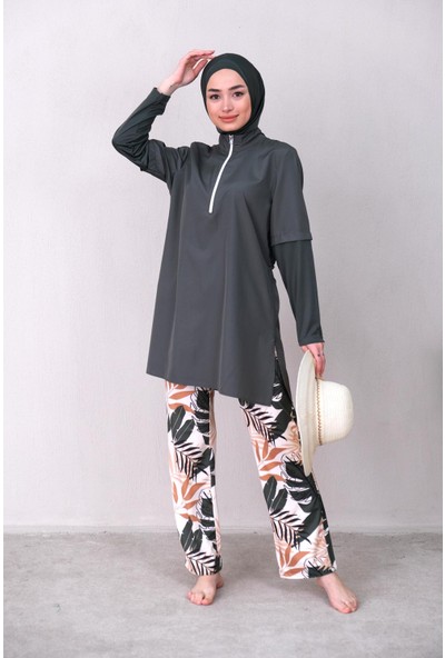 Marina Haki Kadın Yaprak Desenli Tasarım Tam Kapalı Tesettür Mayo M2261