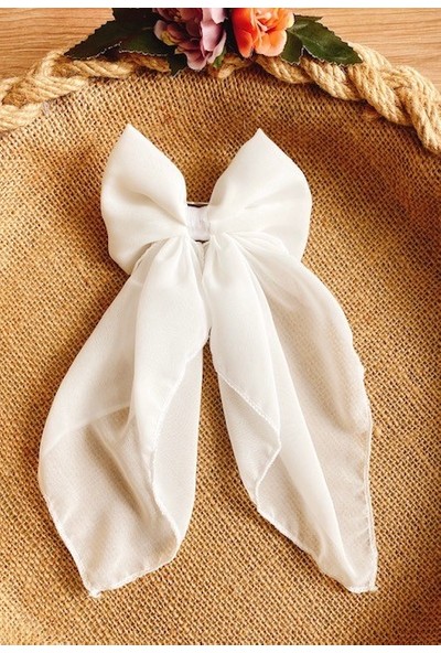 Yeşim Aksesuar Fiyonk Otomatik Toka, Beyaz Şifon Kurdele Toka