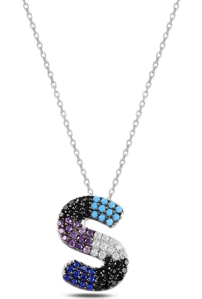 Gümüş -S- Harfi Renkli Zirkon Taşlı Hayalet Kolye