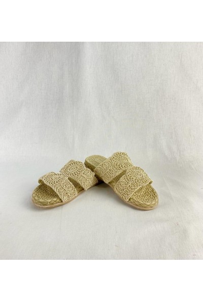 YUNA Kadın Çift Bantlı Hasır Terlik Örgü Nakışlı Yaz Terlik Dış Mekan ve Ev Terliği Kahve