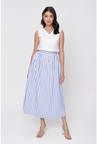 Aker 1265111 Önden Düğmeli Çizgili Etek