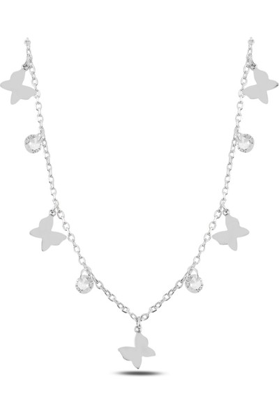 Gümüş Sallantılı Kelebek & Zirkon Taşlı Kolye