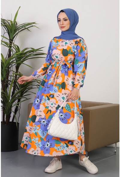 İlkimay Yarasa Kol Beli Lastikli Çiçek Desen Kuşaklı Tesettür Elbise 232 - Indigo İlkimay Yarasa Kol Beli Lastikli Çiçek Desen Kuşaklı Tesettür Elbise 232 - Indigo