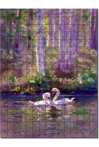 Cakapuzzle Göldeki Bir Çift Kuğu Yağlıboya Çizim 255 Parça Puzzle Yapboz Mdf (Ahşap)
