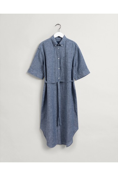 Gant Kadın Mavi Relaxed Fit Truvakar Kollu Gömlek Yaka Keten Elbise 4503178.423