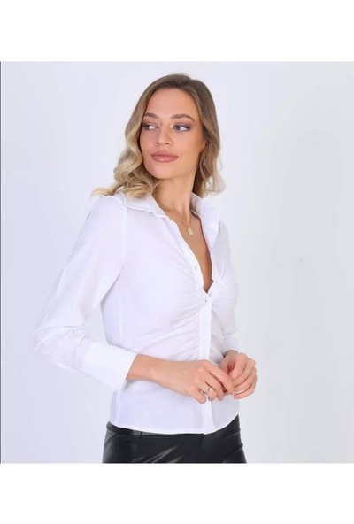 By Ayse Duman Önü Büzgülü Uzun Kollu Gömlek