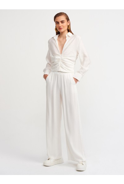 70533 Bel Lastikli Geniş Pantolon-Beyaz