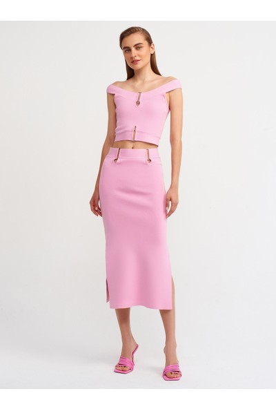 Dilvin 80104 Metal Tokalı Yırtmaçlı Triko Etek-Pembe