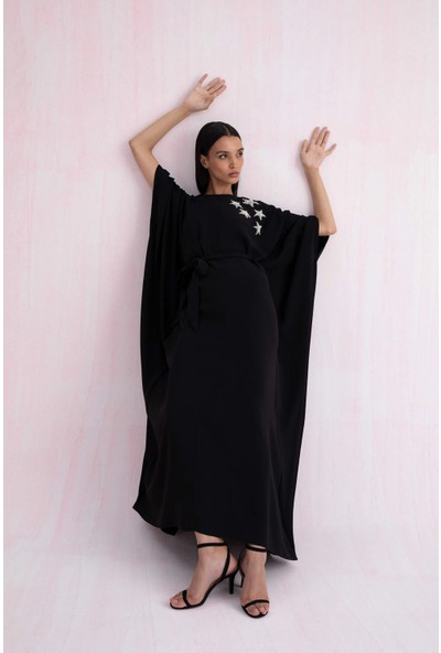 Nihan Peker Tasarım A Kesim Yıldız Detaylı Reglan Kollu Krep Uzun Kollu ELBISE X9215AZ22SM