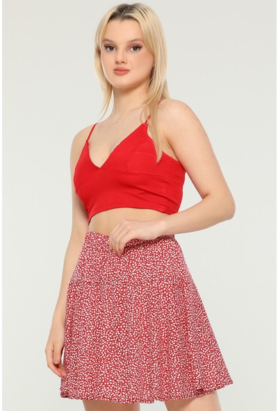 Julude Kırmızı Kadın Çiçek Desenli Şortlu Mini Etek P-039848