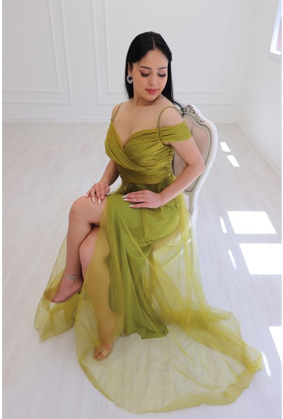 Yonca Moda Evi Yağ Yeşili Büzgülü Tül Etek Abiye 38748