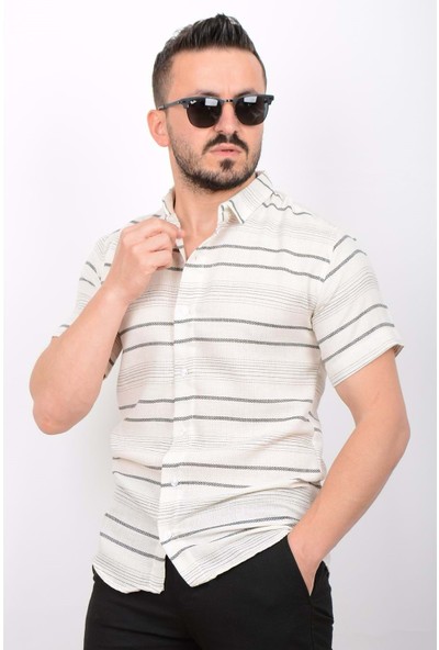 Erkek Ince Çizgili Kısa Kollu Keten Gömlek Siyah E305 Erkek Ince Çizgili Kısa Kollu Keten Gömlek Siyah E305