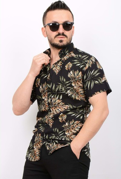 Erkek Yaprak Desenli Kısa Kollu Gömlek Siyah E302