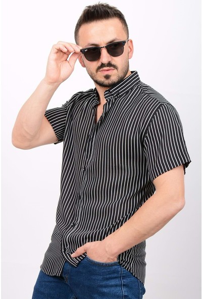 Erkek Çizgili Kısa Kollu Gömlek Siyah E301 Erkek Çizgili Kısa Kollu Gömlek Siyah E301