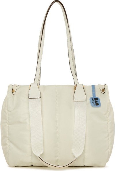 Bagmori Beyaz Çift Askılı Şişme Dik Nakışlı Büyük Çanta