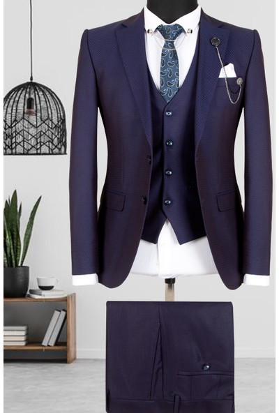 Deepsea Desenli Çift Düğme Çift Yırtmaçlı Slim Fit 3'lü Erkek Takım Elbise 2205045 Deepsea Desenli Çift Düğme Çift Yırtmaçlı Slim Fit 3'lü Erkek Takım Elbise 2205045