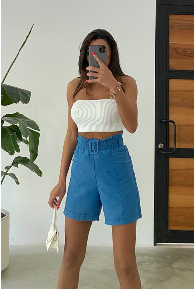 MyLove Hasır Kemerli Keten Şort Indigo