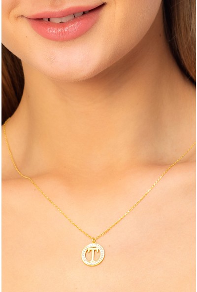 Jewelmim T Harfli Taşlı 14K Sarı Altın Kaplama 50 cm Zincirli Kadın Gümüş Kolye Jewelmim T Harfli Taşlı 14K Sarı Altın Kaplama 50 cm Zincirli Kadın Gümüş Kolye