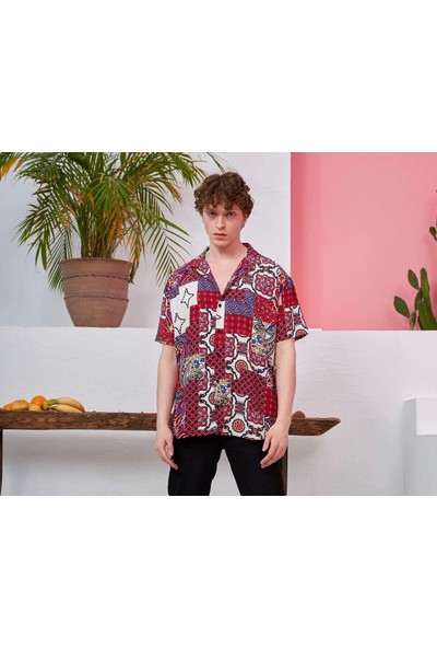 Etnik Desenli Kısa Kollu Oversize Gömlek