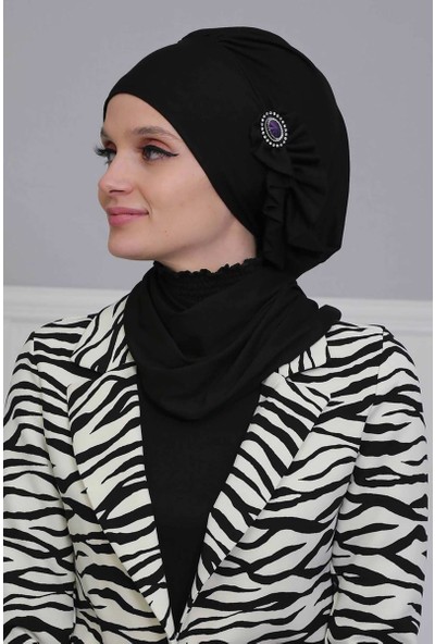 Moda Çizgi Taş Aksesuarlı Hazır Türban Siyah