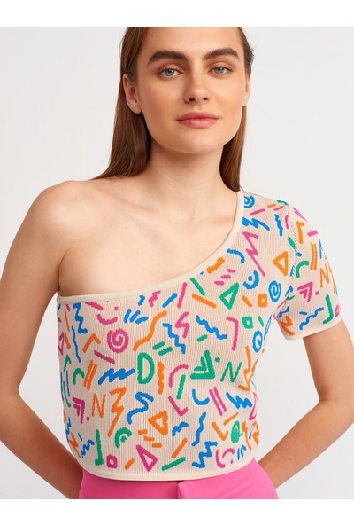 Dilvin 10219 Sağ Omzu Açık Desenli Crop-Bej