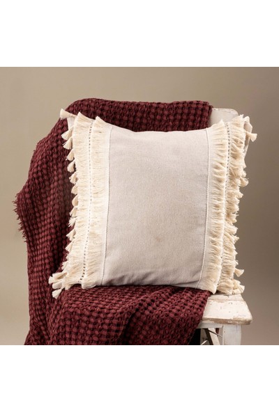 Vivamaison Tekli Özel Tasarım Ham Keten Ekru Kenarı Püsküllü Ponponlu Kırlent Yastık Kılıfı 43 x 43 cm