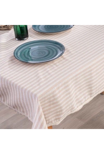 Vivamaison Sütlü Kahve Çizgili Keten Dantelli Masa Örtüsü Vivamaison Sütlü Kahve Çizgili Keten Dantelli Masa Örtüsü