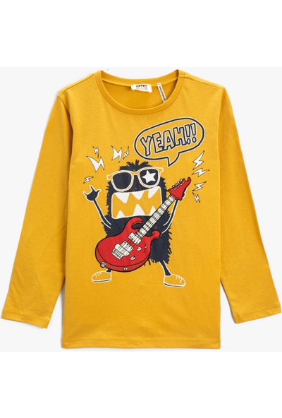 Koton Canavar Baskılı Tişört Uzun Kollu Bisiklet Yaka Pamuklu