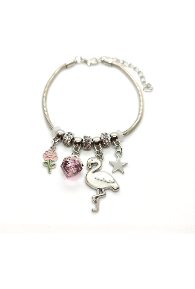 Pag Accessories Gümüş Altın Kaplama Pandora Pelikan Yıldız Çiçek ve Pembe ve Zirkon Taş Detaylı Çelik Kadın Bileklik