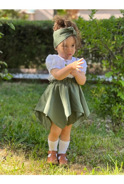 Ares Kids Fashion Haki Yıldız Etek Set(Etek, Bluz, Bandana)