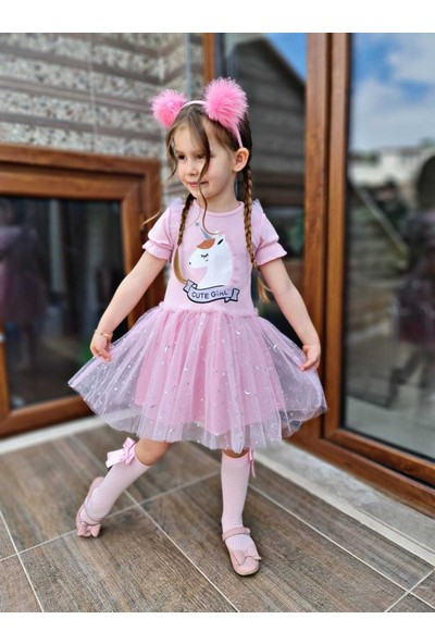Çocuk Giyimde Moda Kız Çocuk Tüllü Unicorn Elbise