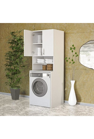 Dekor Papatya Çamaşır Makinesi Dolabı, Banyo Dolabı, 4 Raflı, Kapaklı,