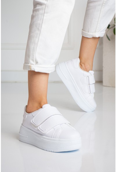 Yüksek Tabanlı Çift Bantlı Cırtlı Kalıntaban Sneaker Kadın Spor Ayakkabı