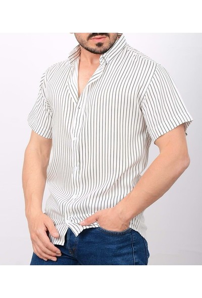 Casual Suit Erkek Beyaz Dar Kesim Çizgili Kısa Kollu Gömlek