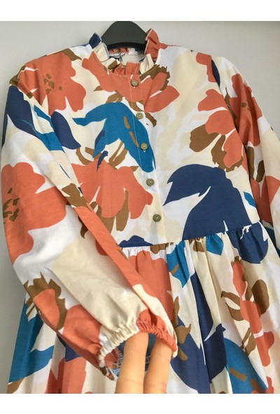 Cey Official Uzun Elbise Tarçın Yaprak Desen