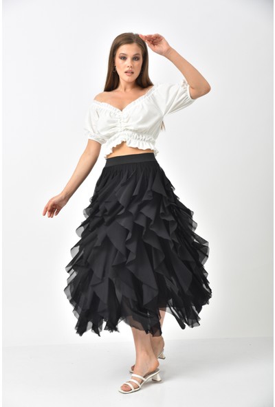 Moviment Siyah Beli Lastikli Lazer Kesim Astarlı Tül Etek