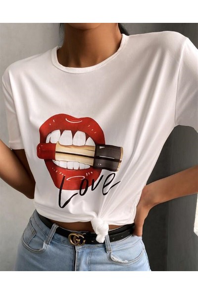 Markano Kadın Beyaz Lips Baskılı T-Shirt