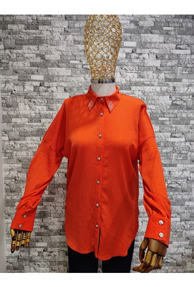 Butik Sosyete Turuncu Taşlı Gömlek