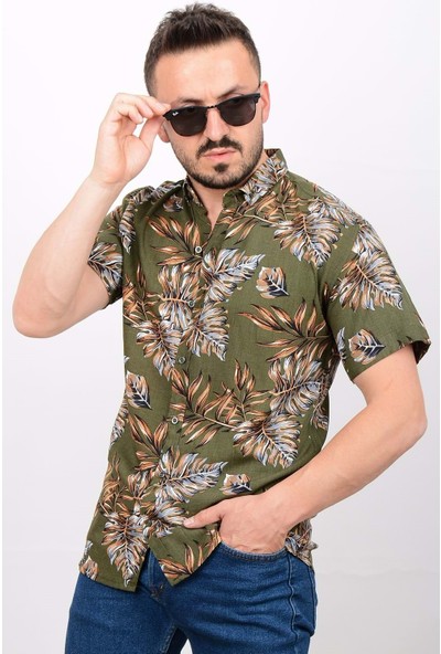 Edwox Erkek Yaprak Desenli Kısa Kollu Gömlek Yeşil E302