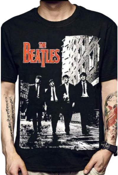Lucky Boy Siyah Regular Pamuklu Baskılı Metal Grup T-Shirt The Beatles Walking Through